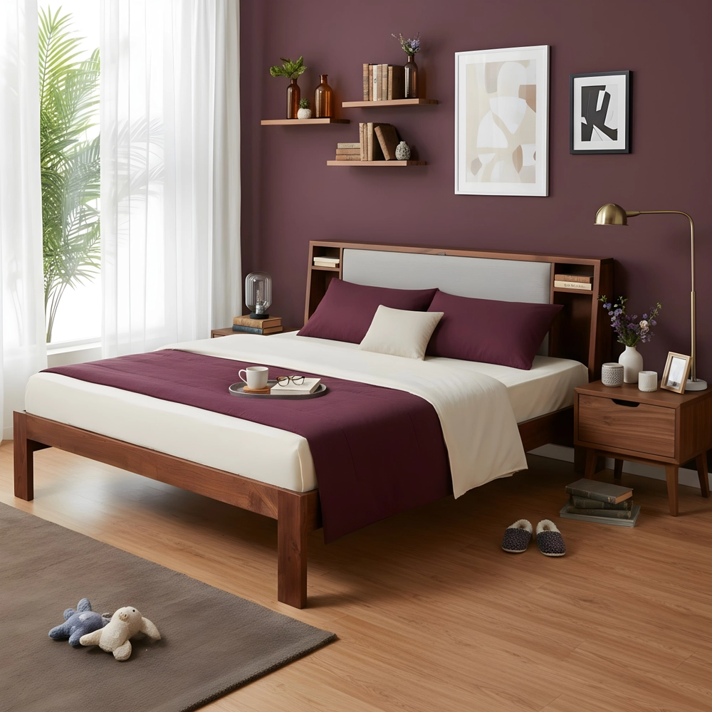 Aroura Solid Wood Queen Bed with Back Storage and Cushion on Rent in ...