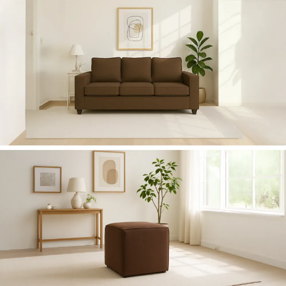 Leo Fabric 3 seater + ottoman Brown on Rent in Hyderabad | RentoMojo.com