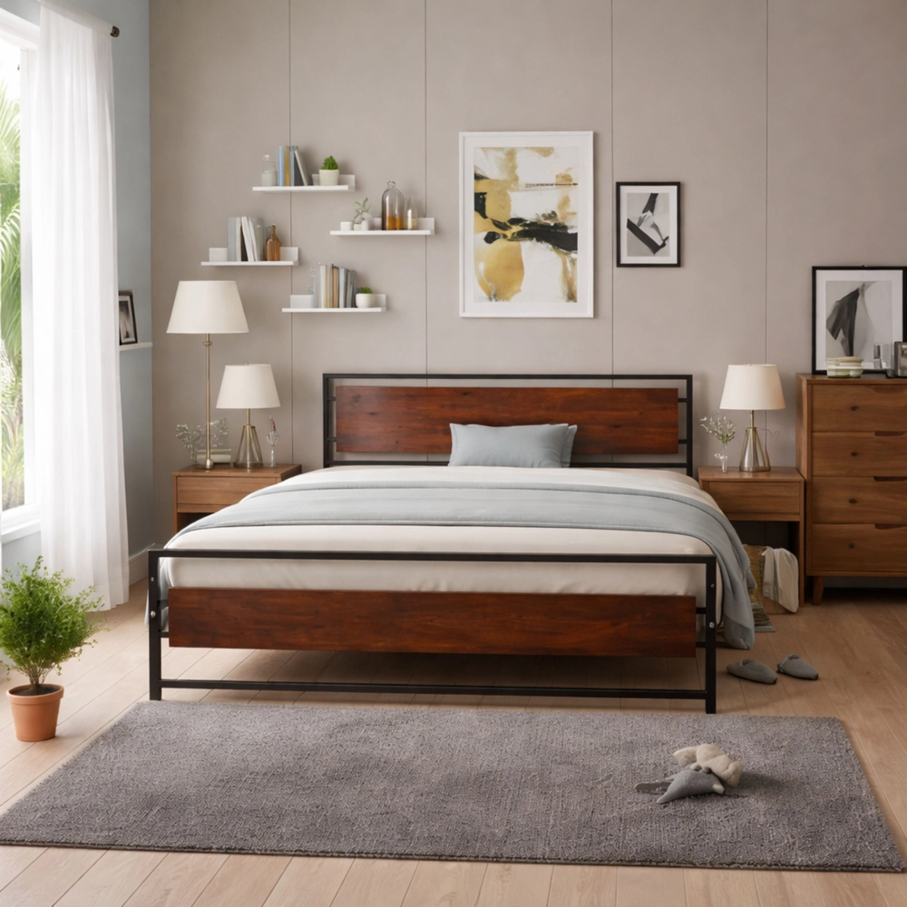 Poise Wooden Queen Bed with 4 inch Premium Mattress on Rent in ...